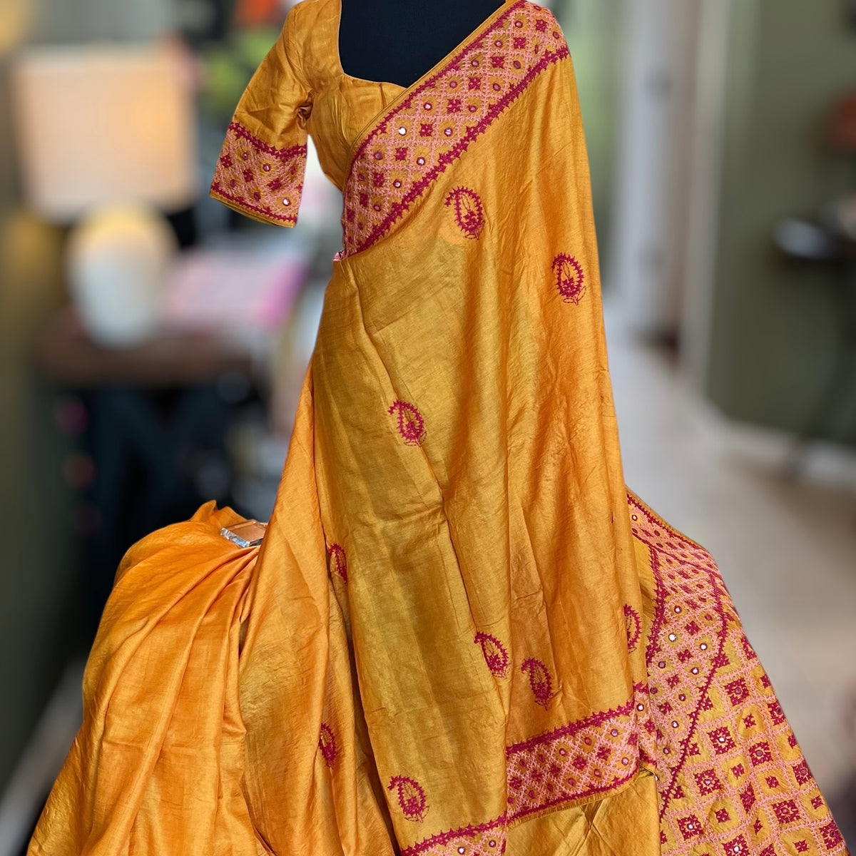 Golden Yellow Kutchwork Gachi By Gachi Tussar Silk – Rani Zaver