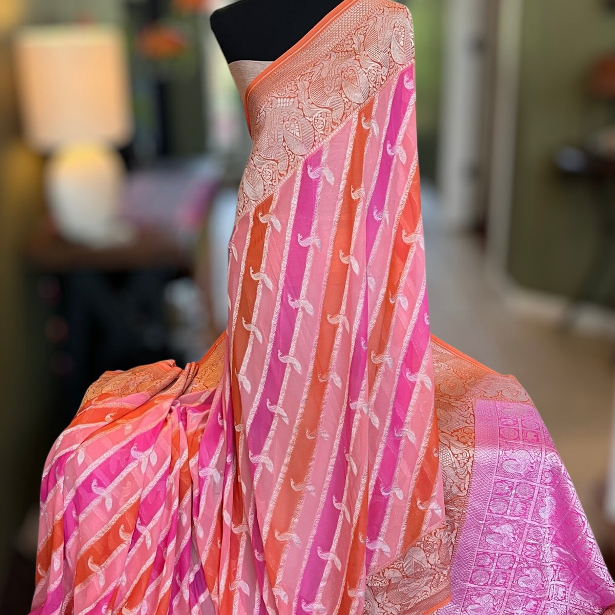 Pure Khaddi Crepe Georgette Rangkat Banarasi Handloom Saree – Rani Zaver